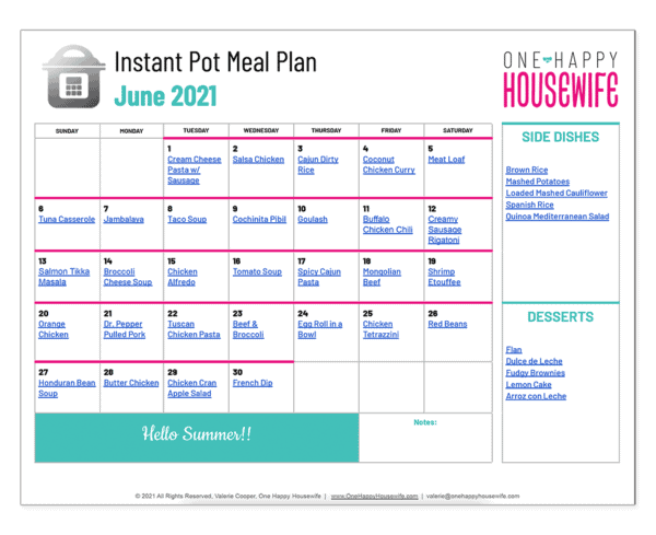 June Instant Pot Meal Plan (2021) - One Happy Housewife