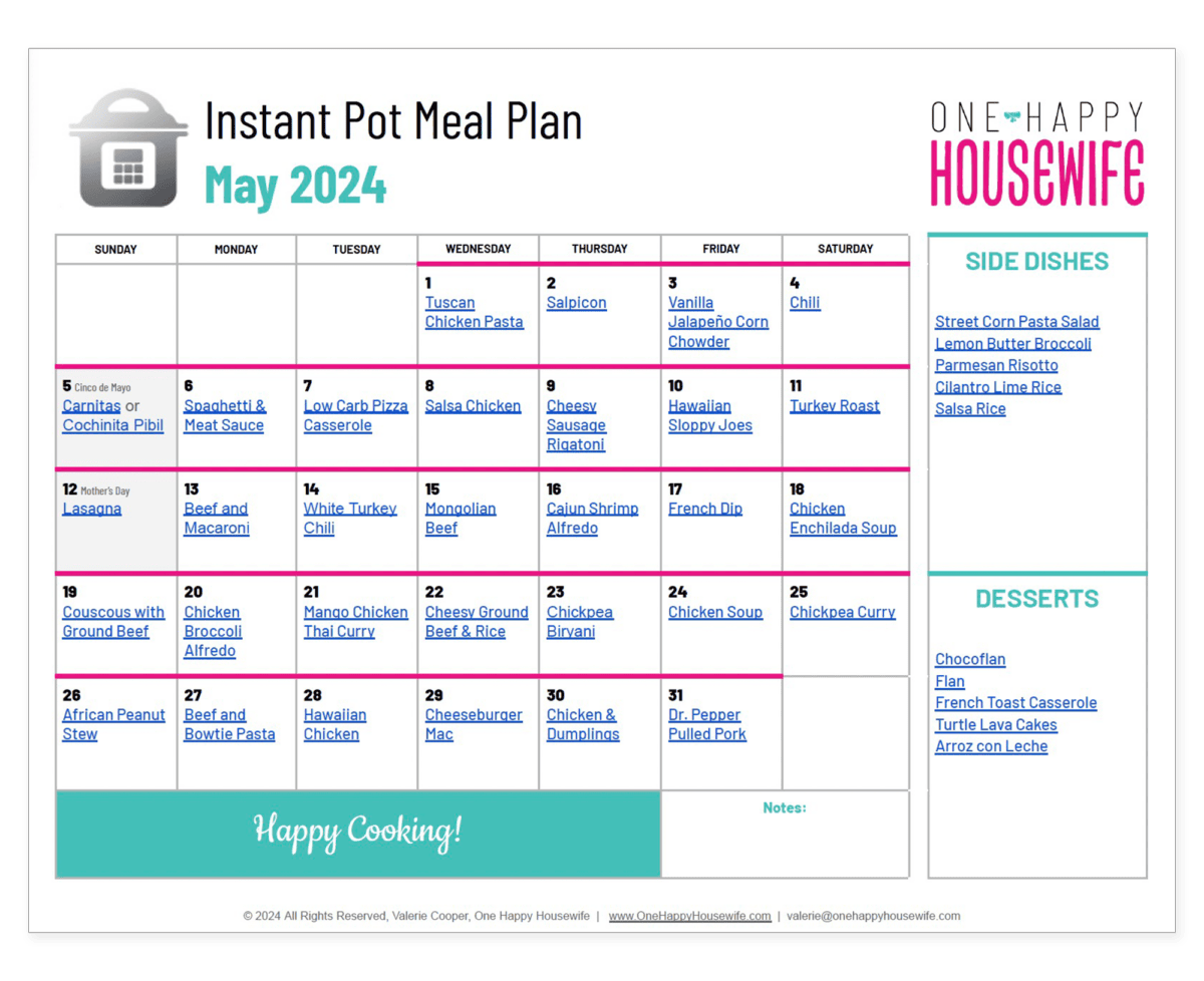 Instant Pot Monthly Meal Plan - One Happy Housewife